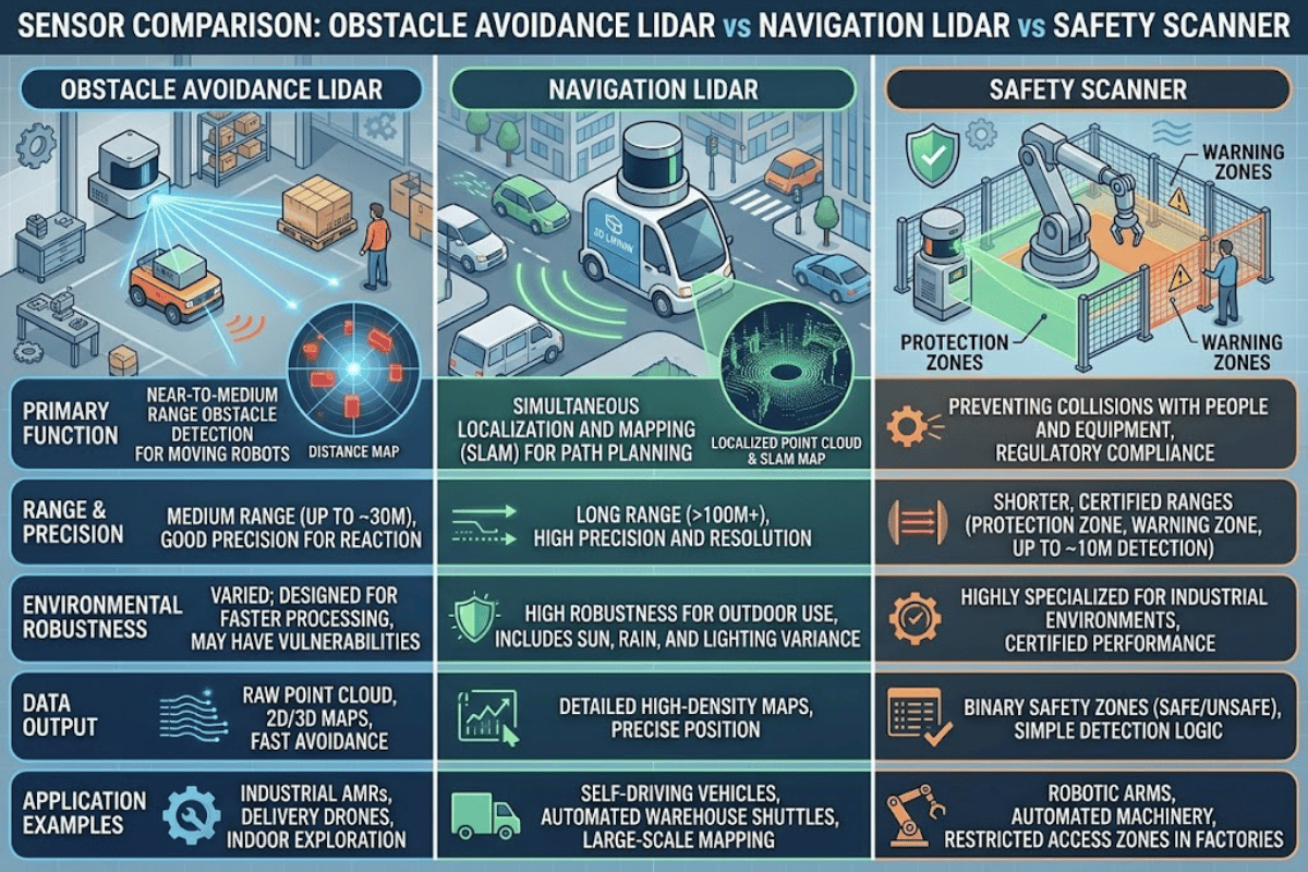 Obstacle Avoidance LiDAR Sensor vs Navigation vs Safety Scanner - QJKH